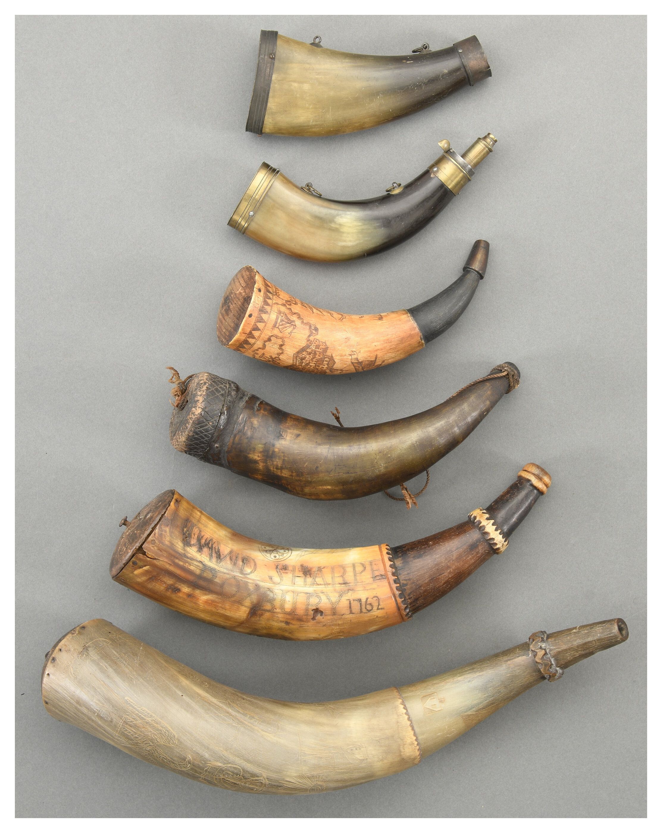 Group of Six Assorted Powder Horns | Rock Island Auction