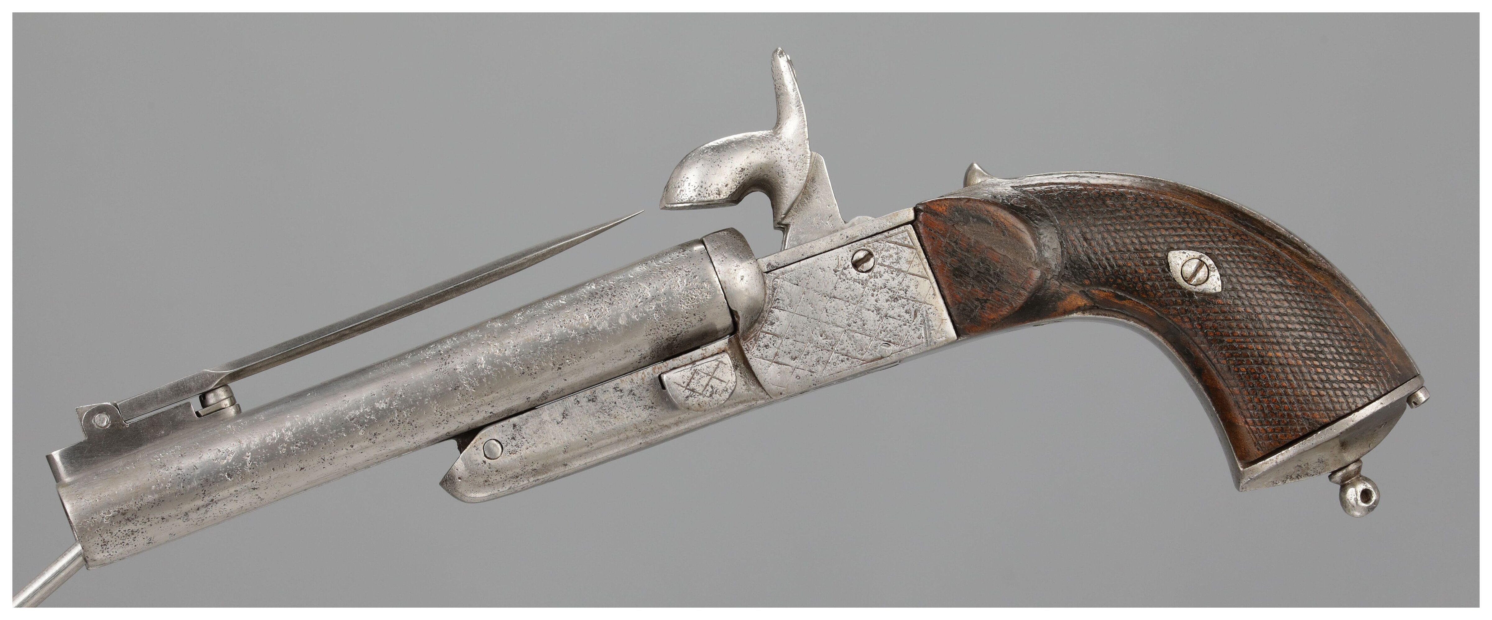 European Double Barrel Pinfire Pistol with Folding Bayonet | Rock ...