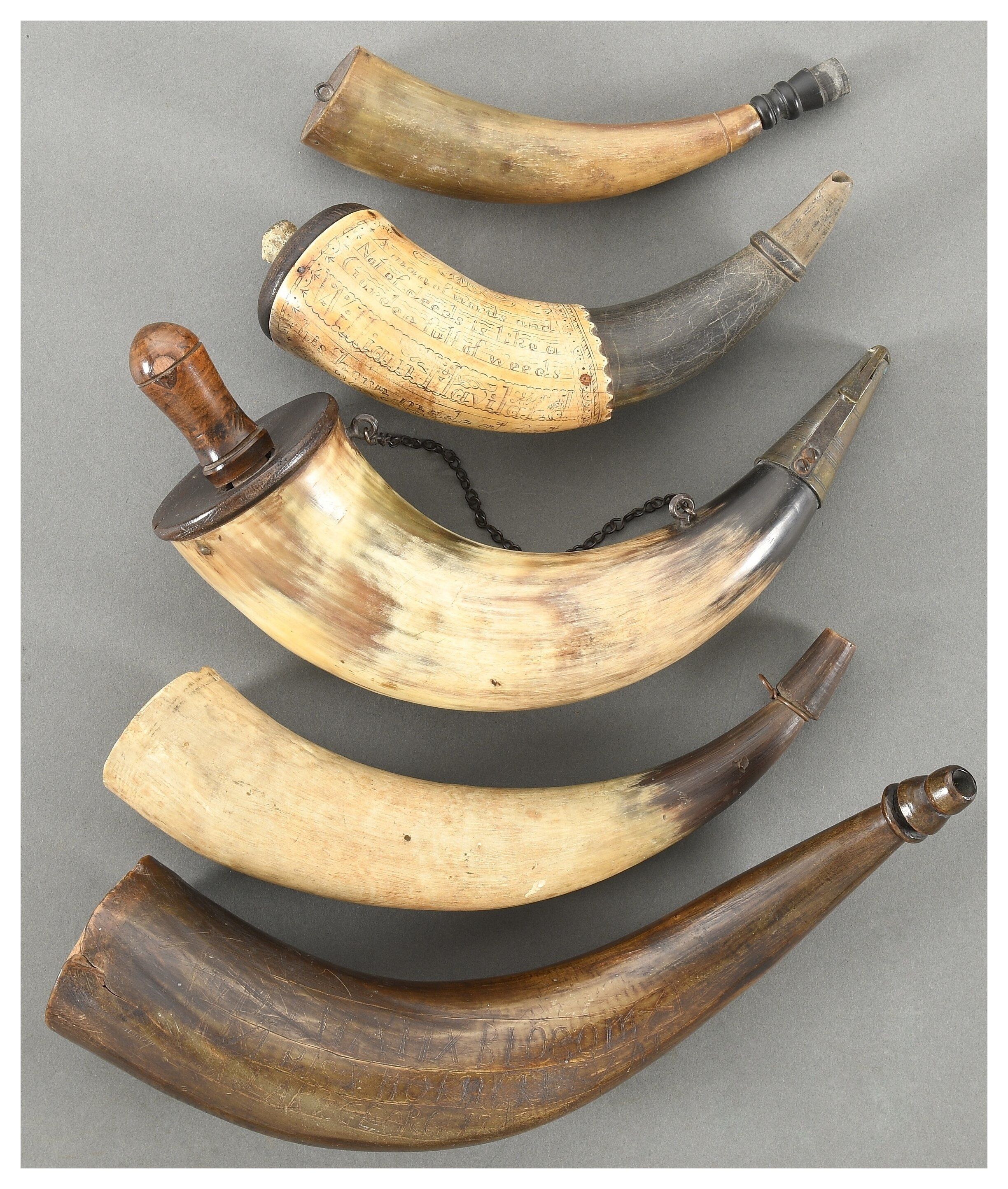 Grouping of Five Powder Horns | Rock Island Auction