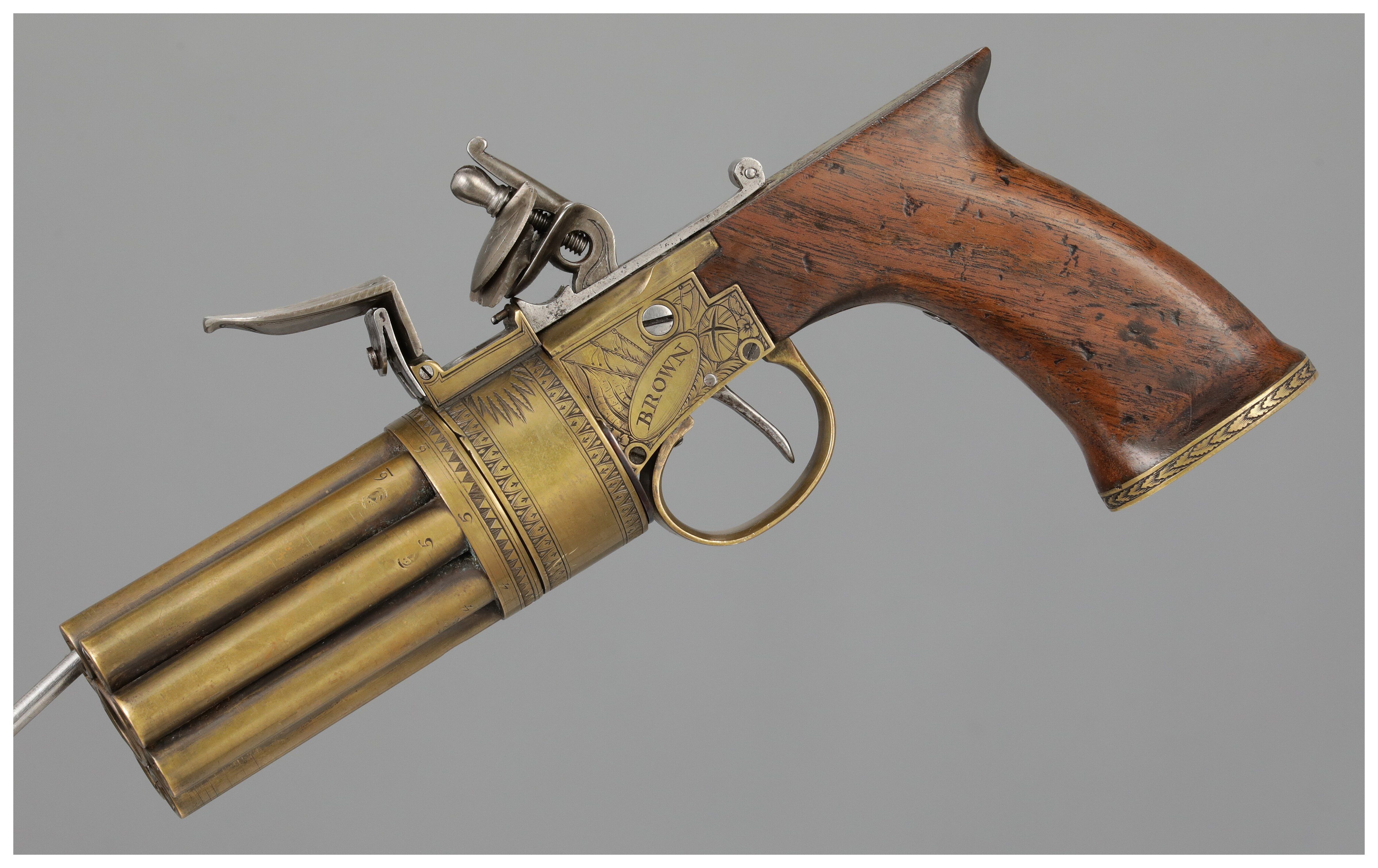 Engraved Brass Brown London Marked Flintlock Pepperbox | Rock Island Auction