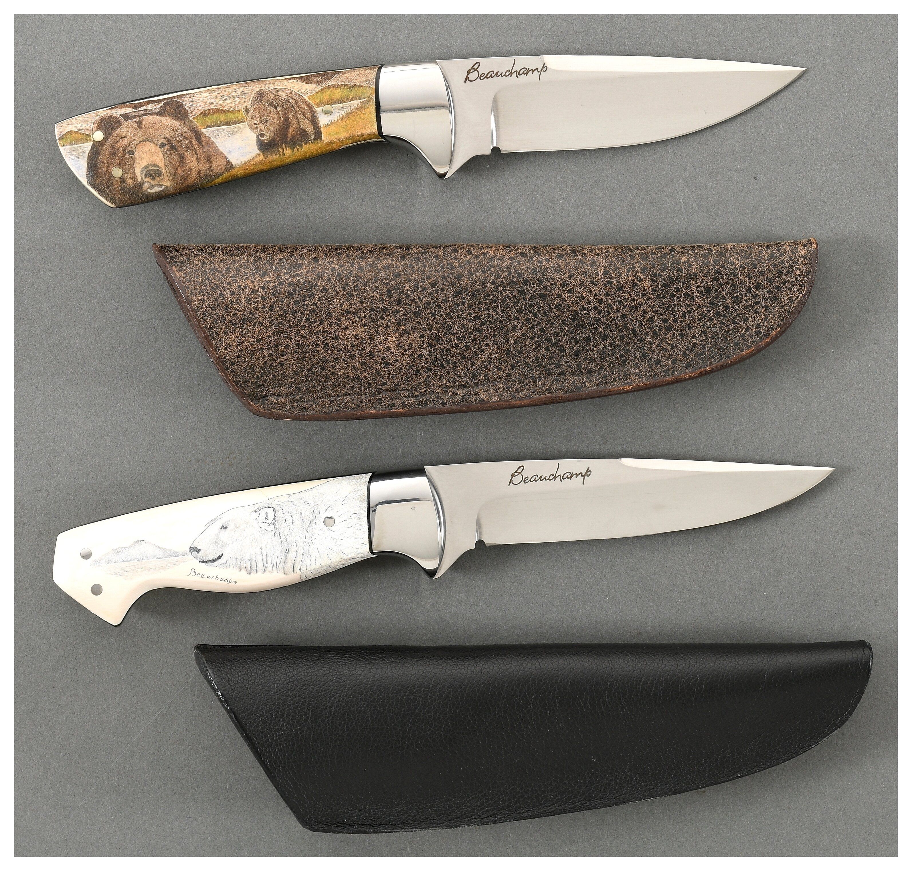Two Gaetan Beauchamp Knives with Scrimshaw Ivory Grips | Rock Island ...