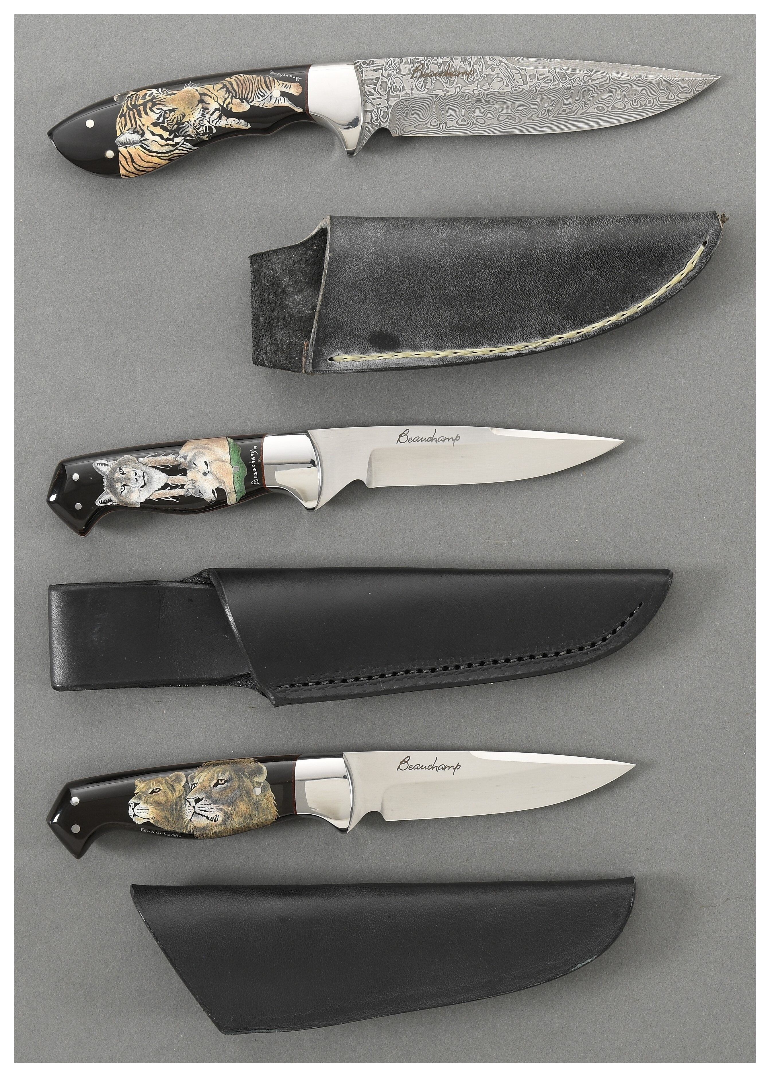 Three Gaetan Beauchamp Knives with Scrimshaw Grips and Sheaths | Rock ...