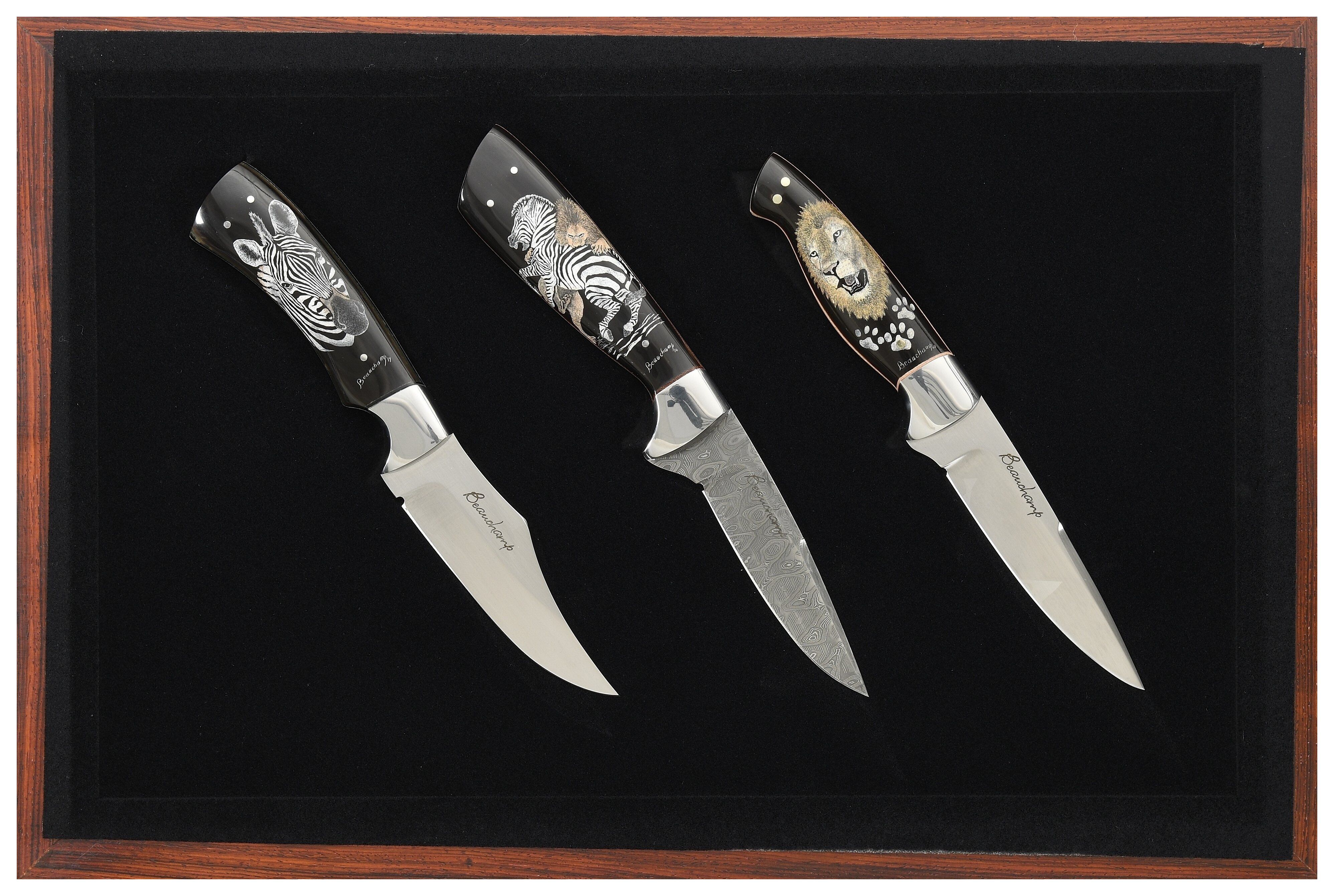 Three Cased Gaetan Beauchamp Knives with Scrimshaw Grips | Rock Island ...