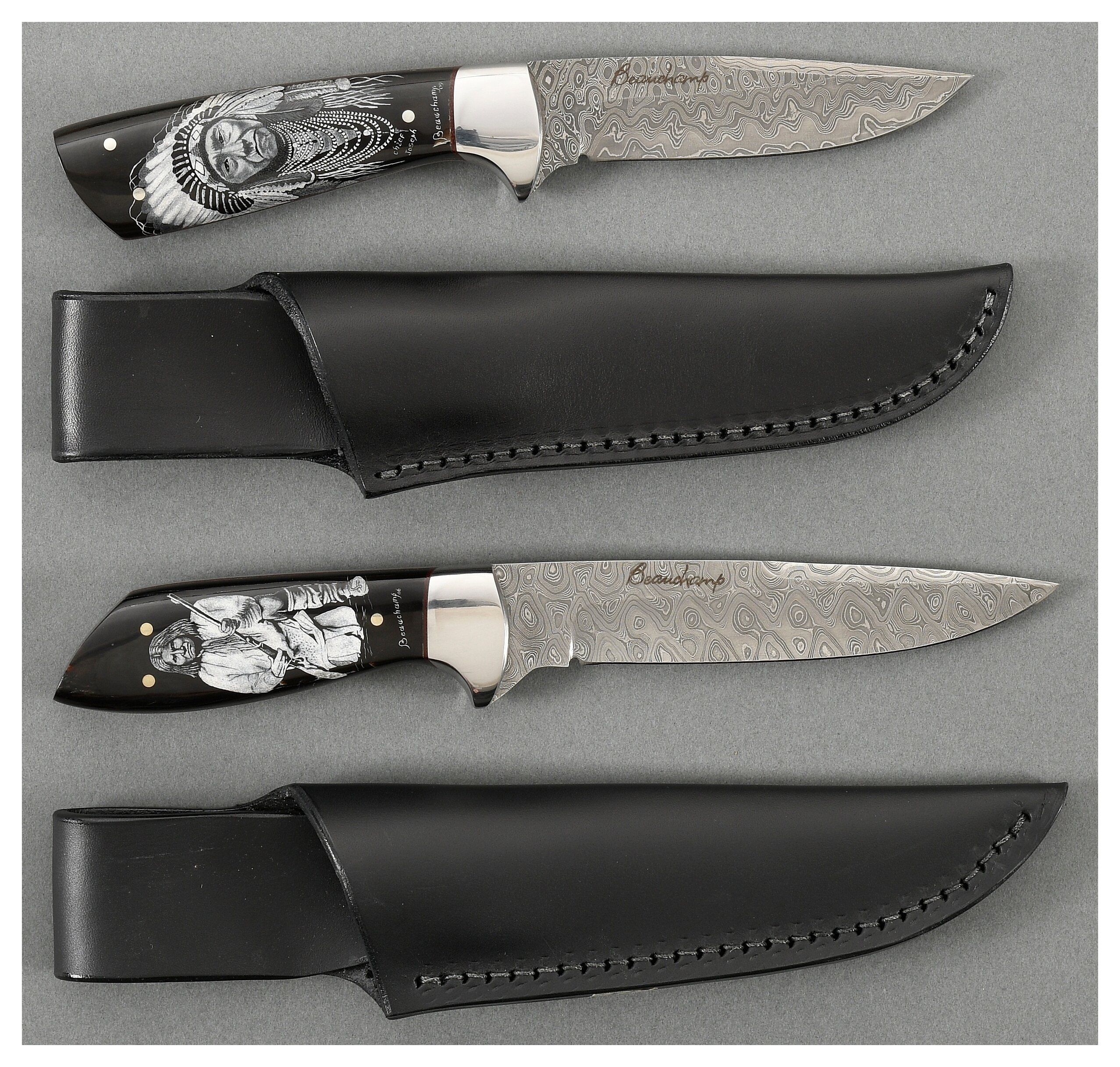 Two Gaetan Beauchamp Knives with Scrimshaw Grips and Sheaths | Rock ...