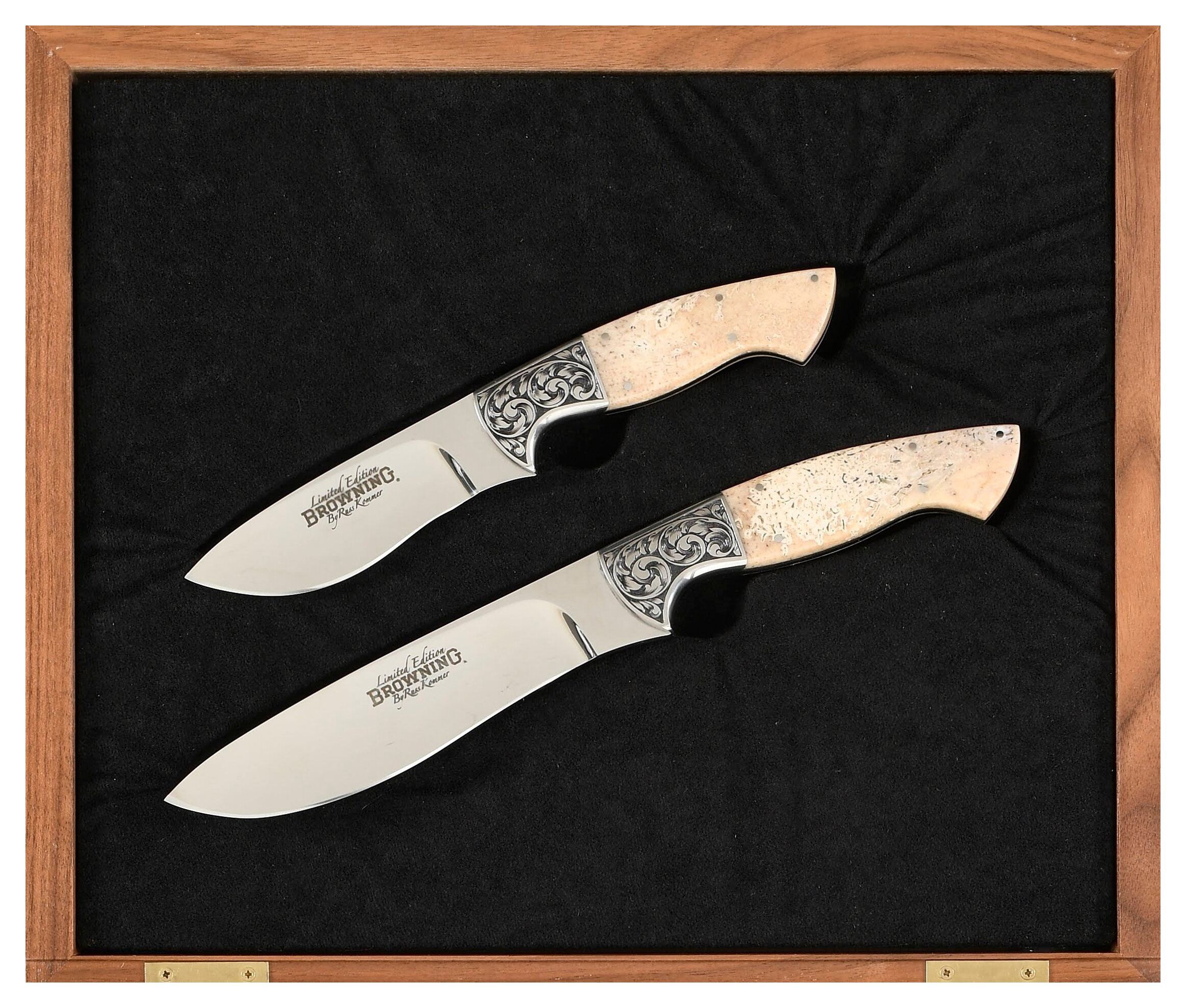 Two Cased Engraved Browning Russ Kommer Knives with a Letter | Rock ...
