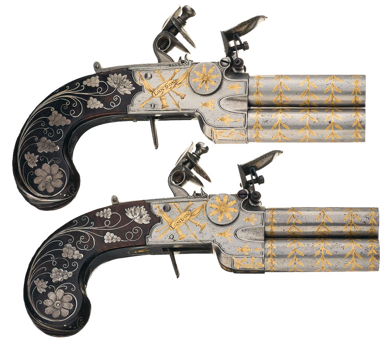 Elaborate Pair of Gold Inlaid Brown Superposed Barrel Flintlock | Rock ...