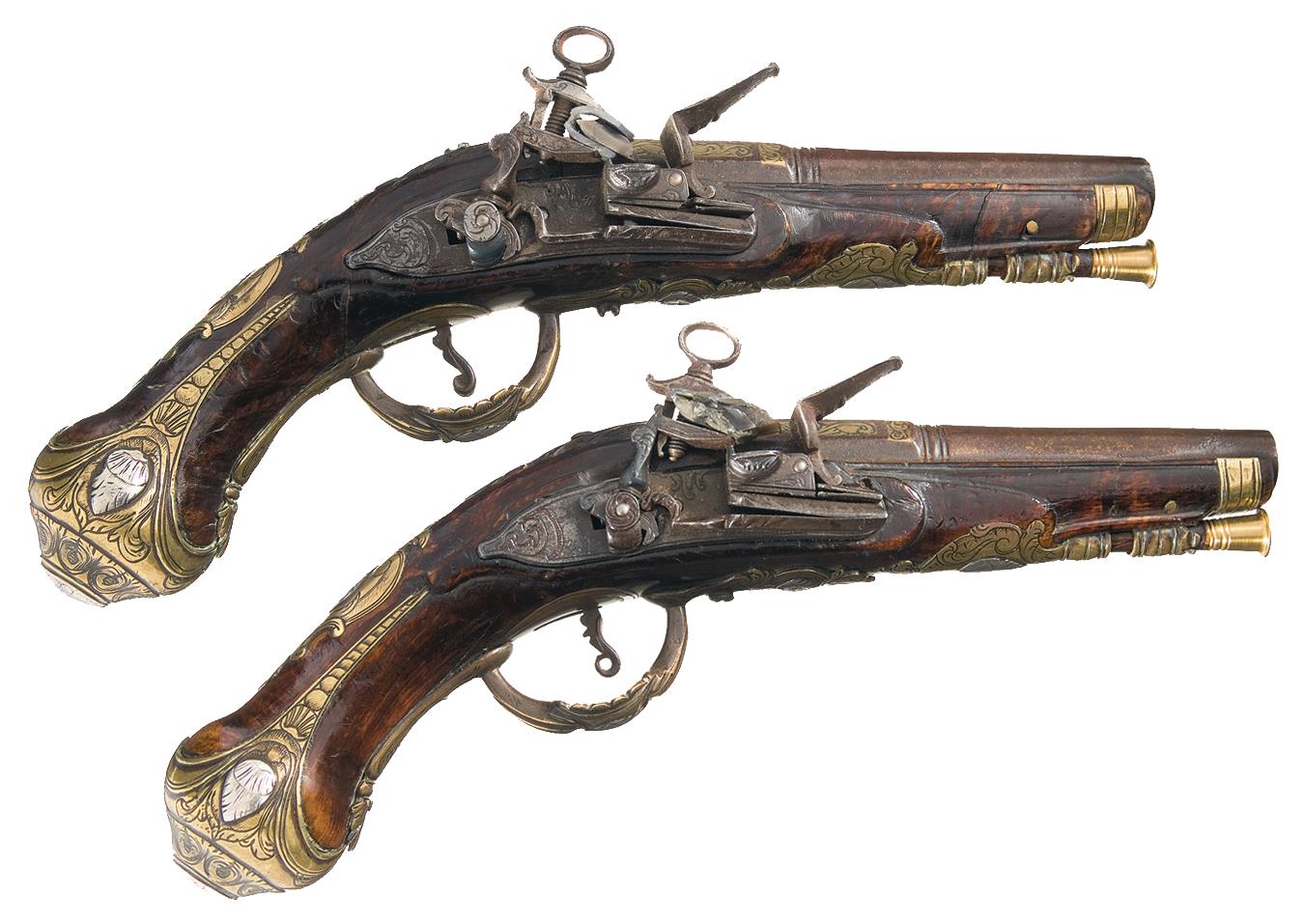 Pair of Engraved Gold Inlaid Miquelet Flintlock Pistols w/ Brass | Rock ...
