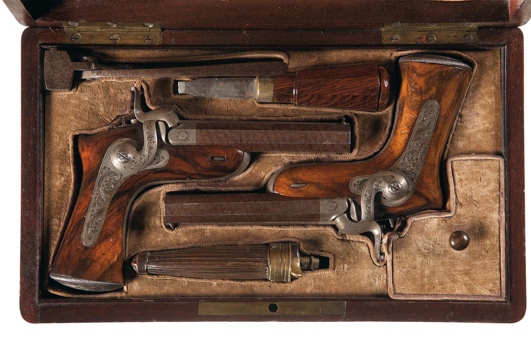 Cased Engraved Pair of Double Barrel Percussion Pistols | Rock Island ...