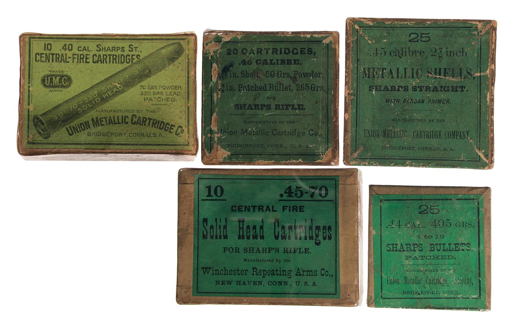 Five Vintage Sharps Rifle Ammunition Boxes | Rock Island Auction