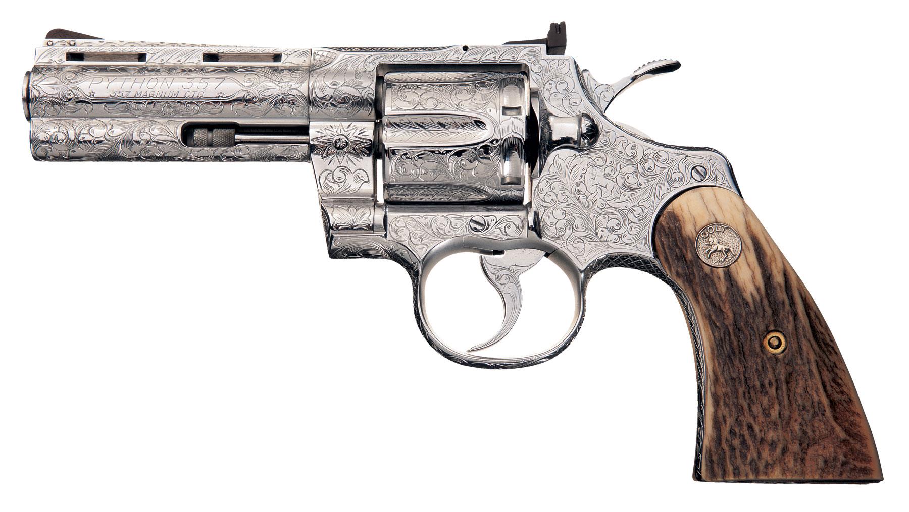 Engraved Colt Python Double Action Revolver With Stag Grips