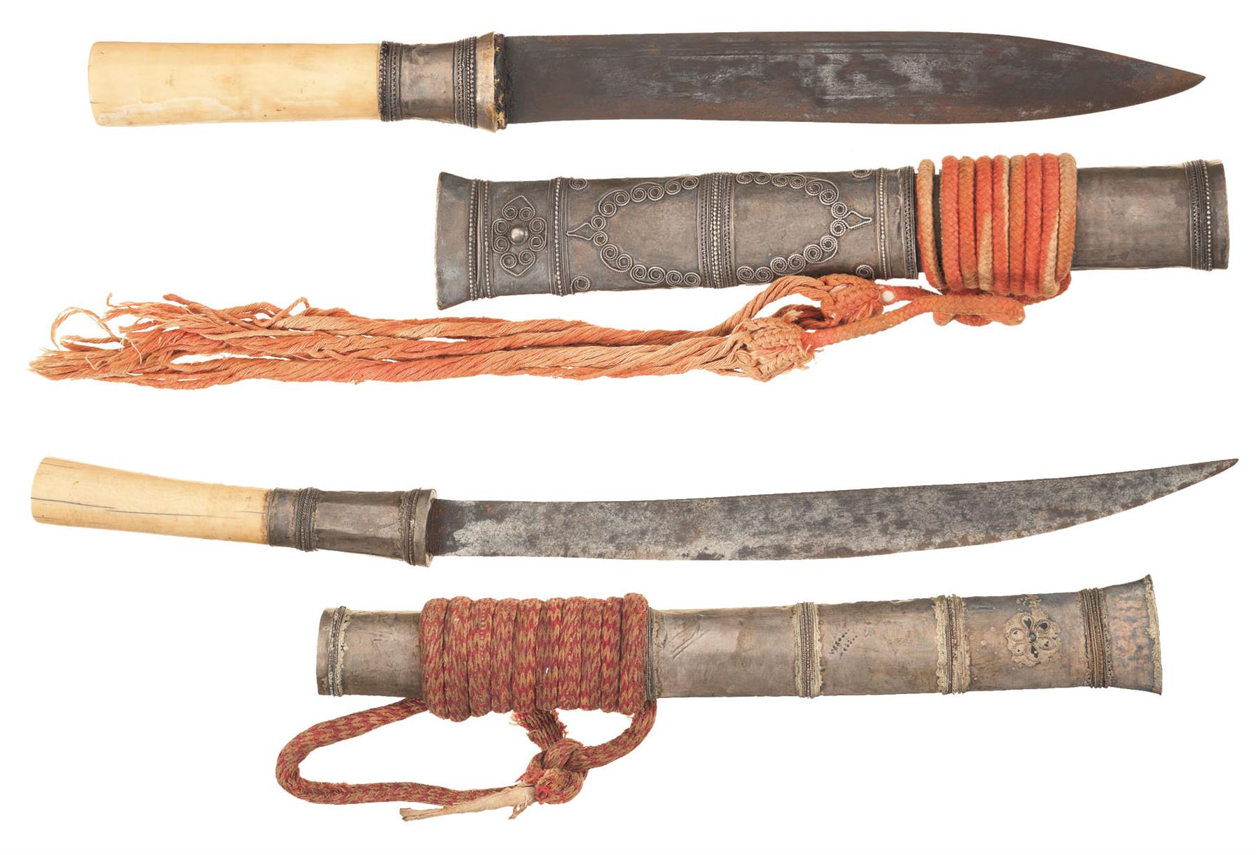 Two Indo-Burmese Dao Knives with Ivory Grips and Silver Furnitur | Rock ...