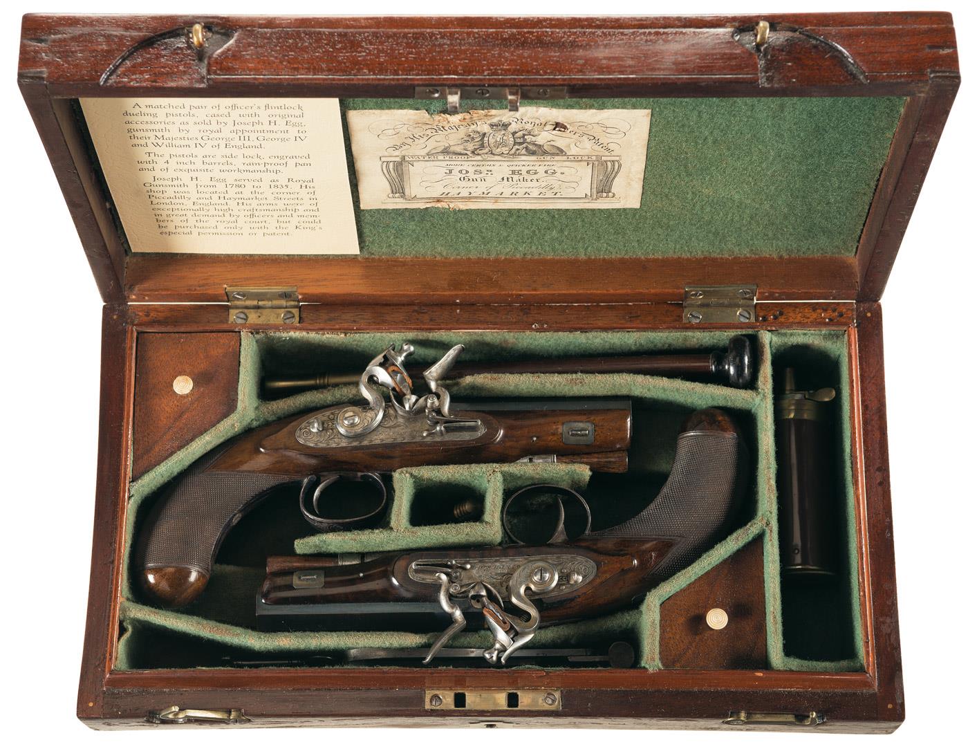 Historic Cased Pair of Gold Inlaid Egg London Flintlock Pistols | Rock ...