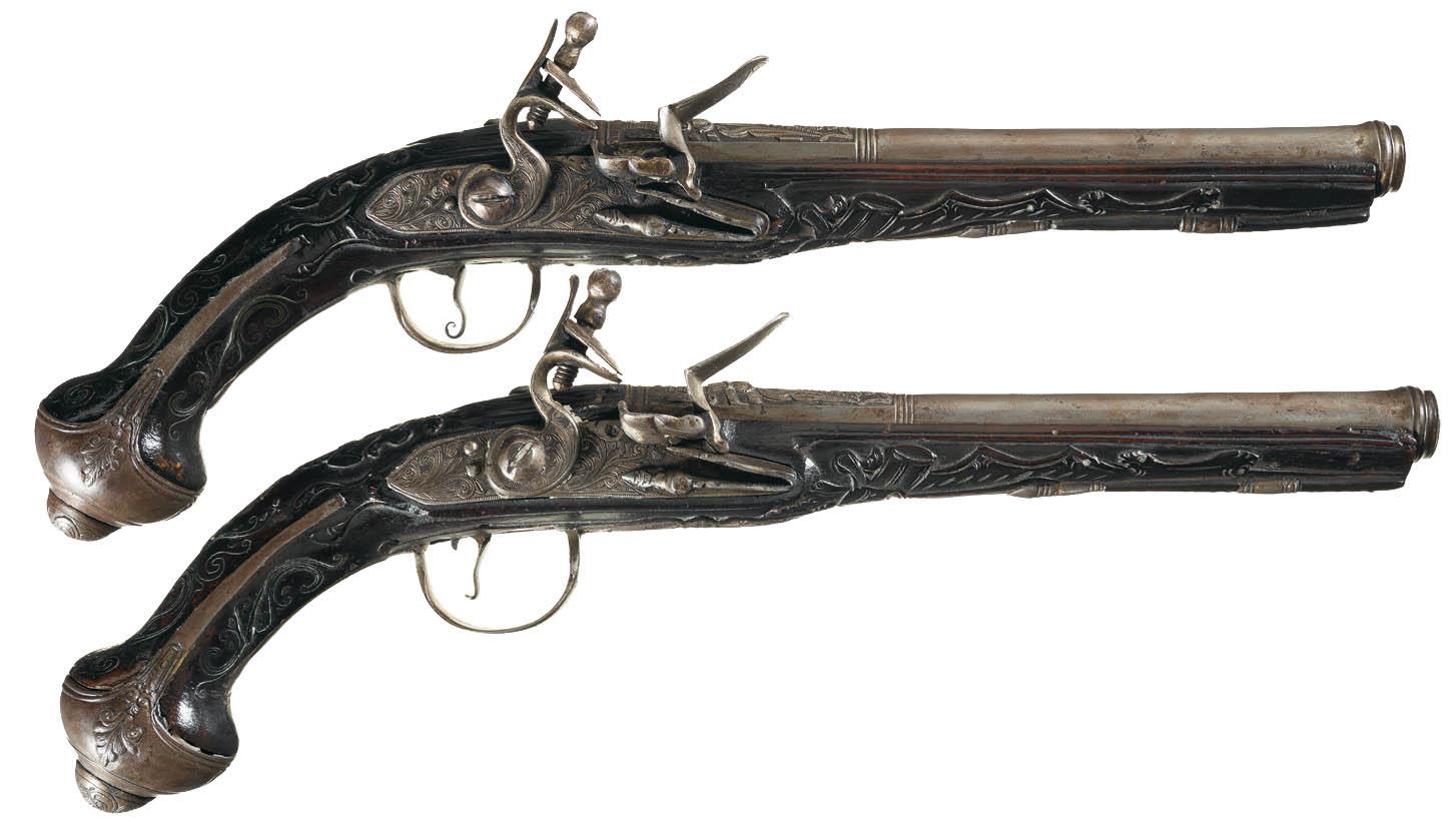 Pair of Ornate Flintlock Mediterranean Pistols w/ Carved and Inl | Rock ...