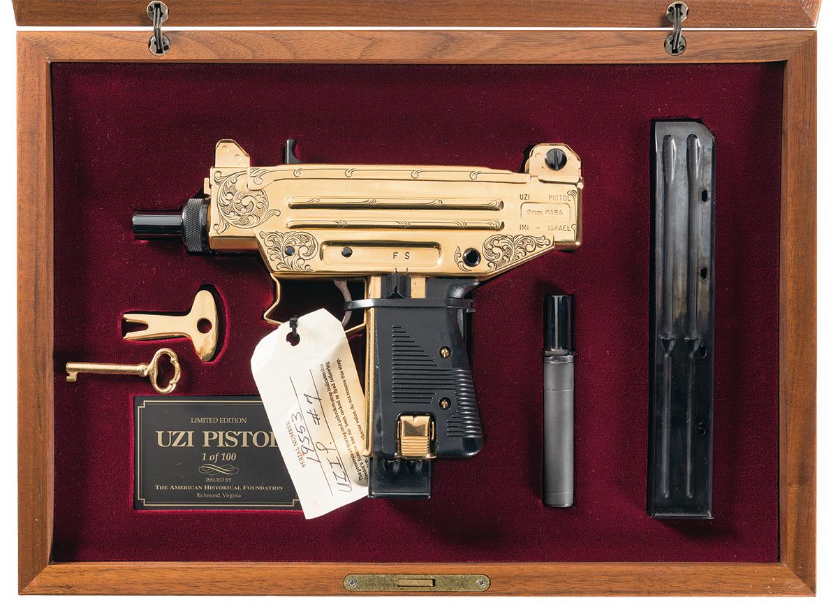 Cased and Engraved Gold Action Arms Uzi Semi-Automatic Pistol | Rock ...