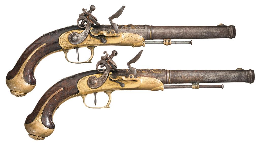 Pair of Unique Brass Framed Flintlock Pistols w/ Golden Embellis | Rock ...