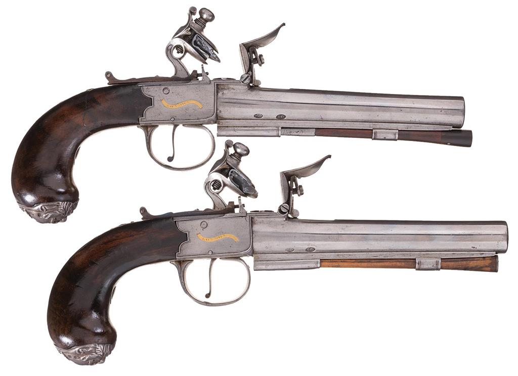 Matching Set of Henry Nock Flintlock Pistols w/ Gold Banner Inla | Rock ...