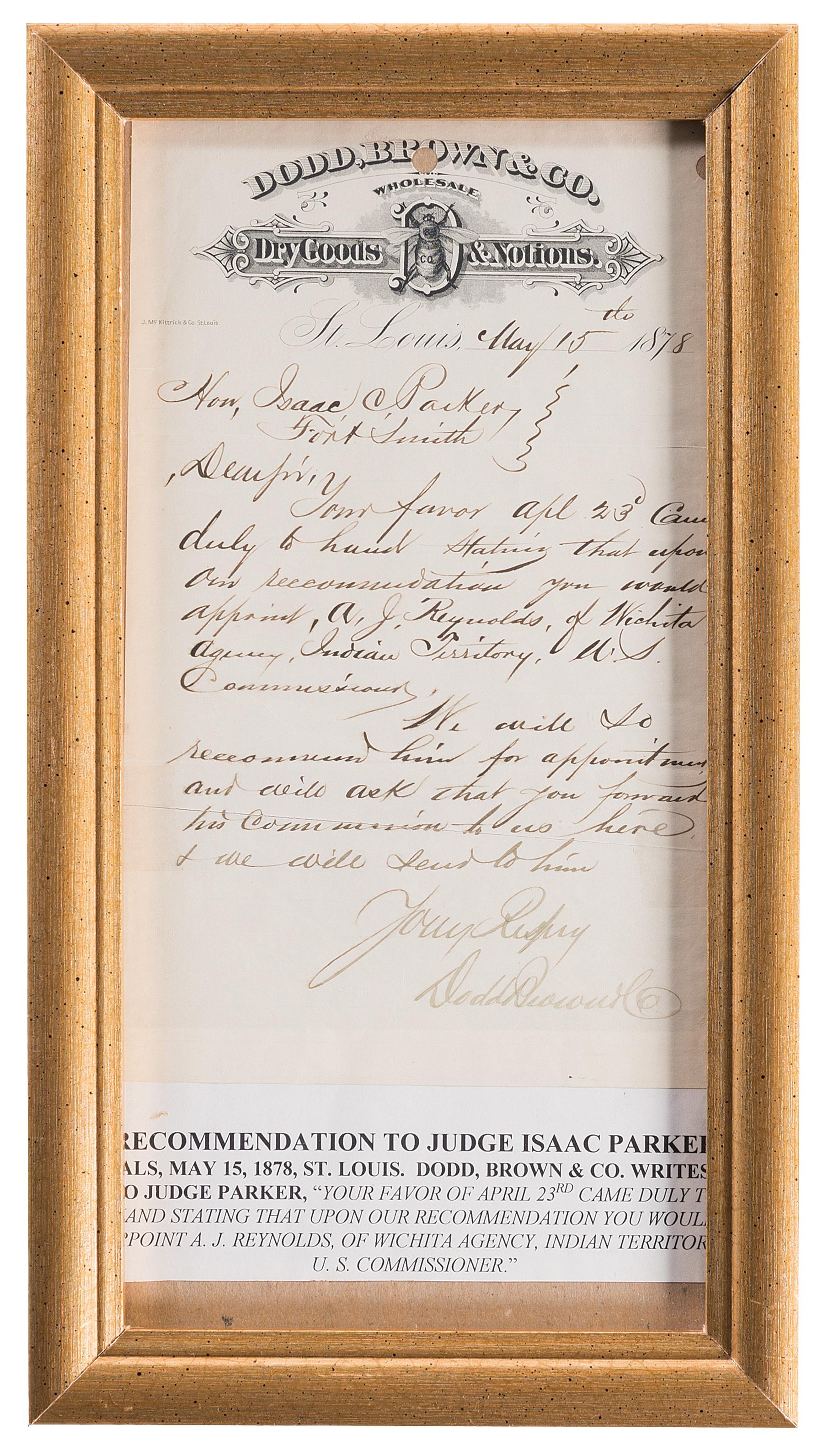 Dodd, Brown & Company Letter to Judge Issac Parker | Rock Island Auction