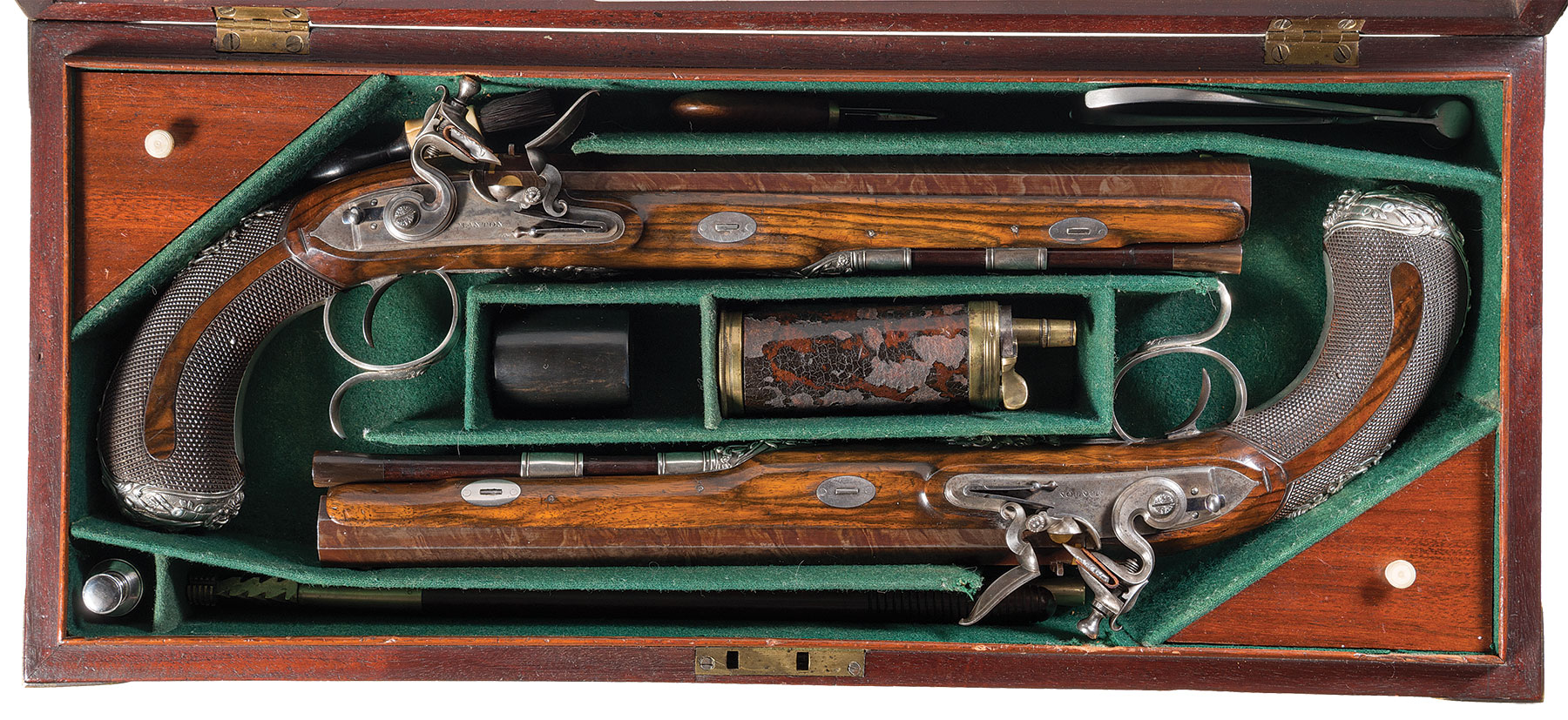 Pair Cased Silver Mounted John Manton Flintlock Dueling Pistols | Rock ...