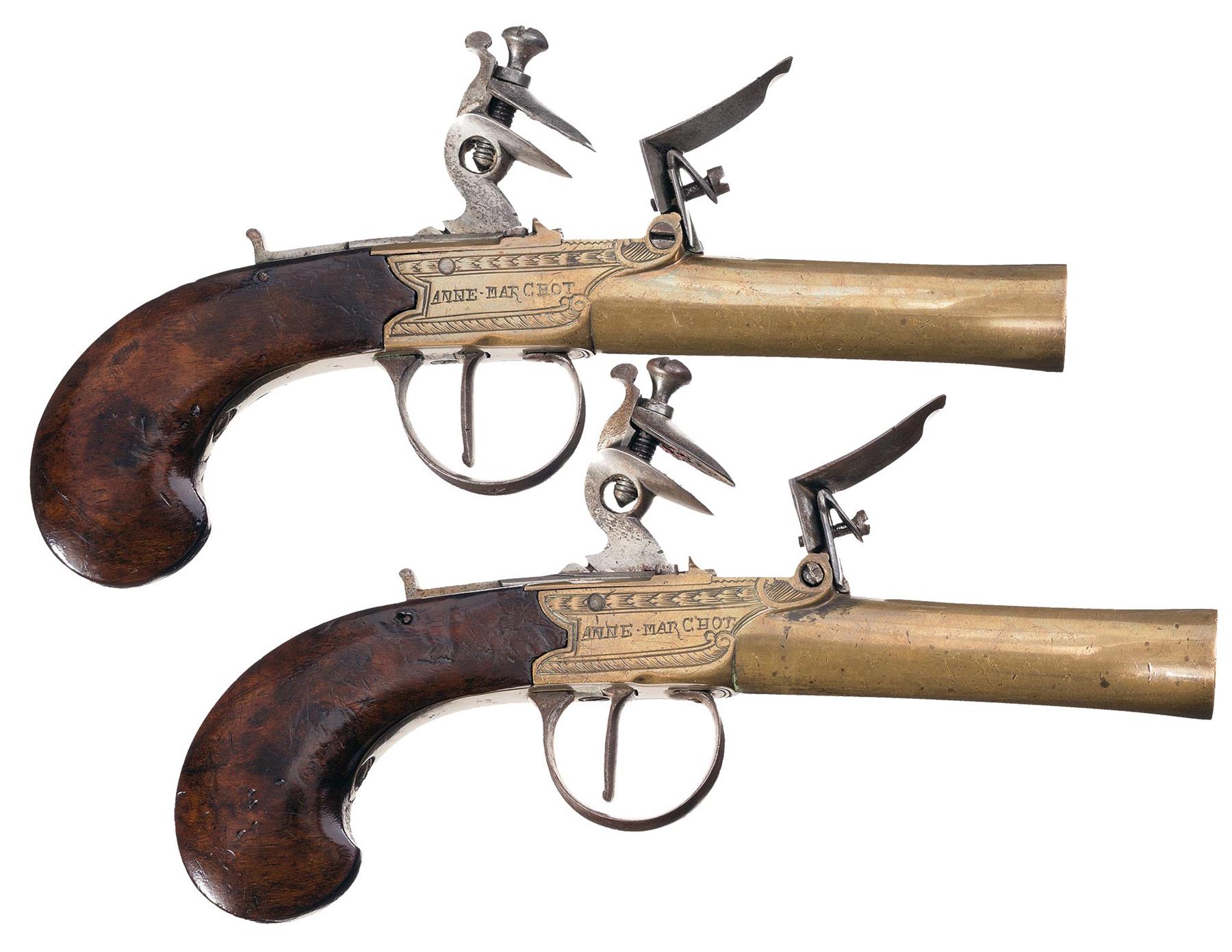 Pair of Anne Marchot Inscribed Box Lock Flintlock Pistols | Rock Island ...