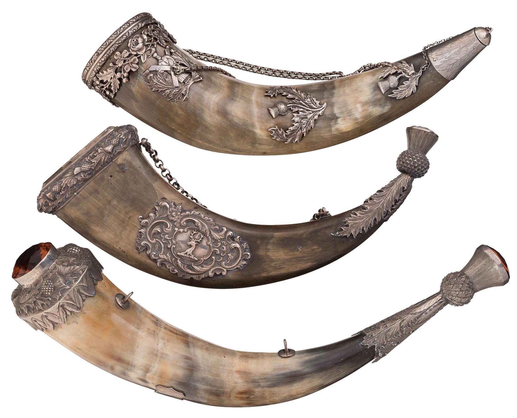 Three Silver Mounted Scottish Style Dress Powder Horns | Rock Island ...