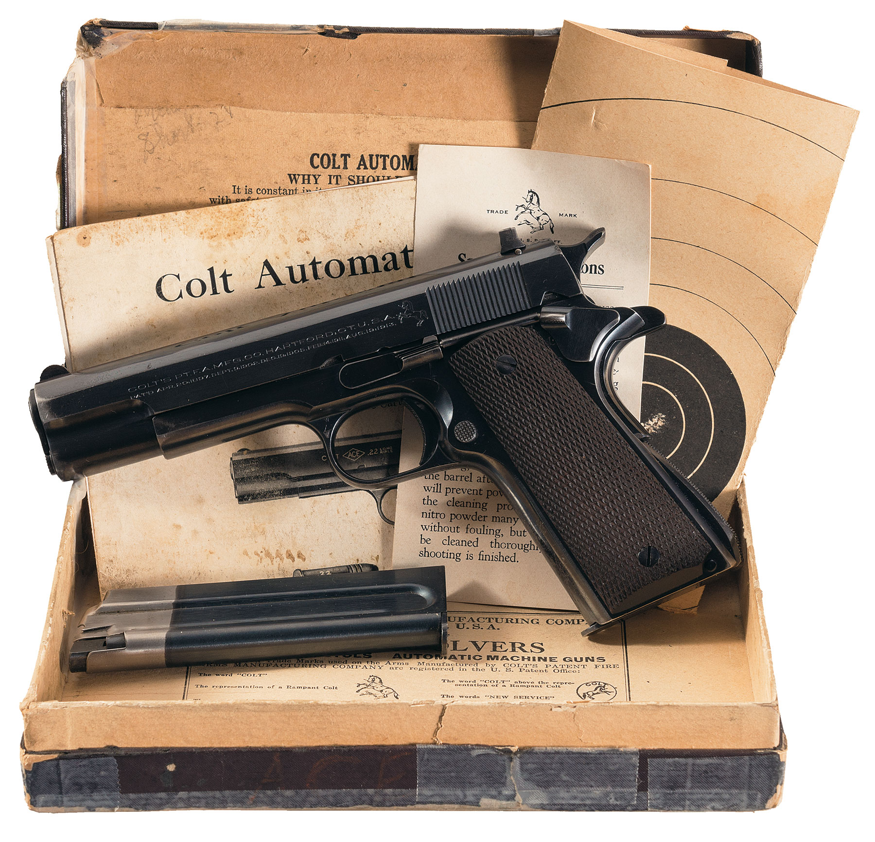 1931 Colt Ace Pistol, 90%+, Matching Box and Extra Magazine | Rock ...