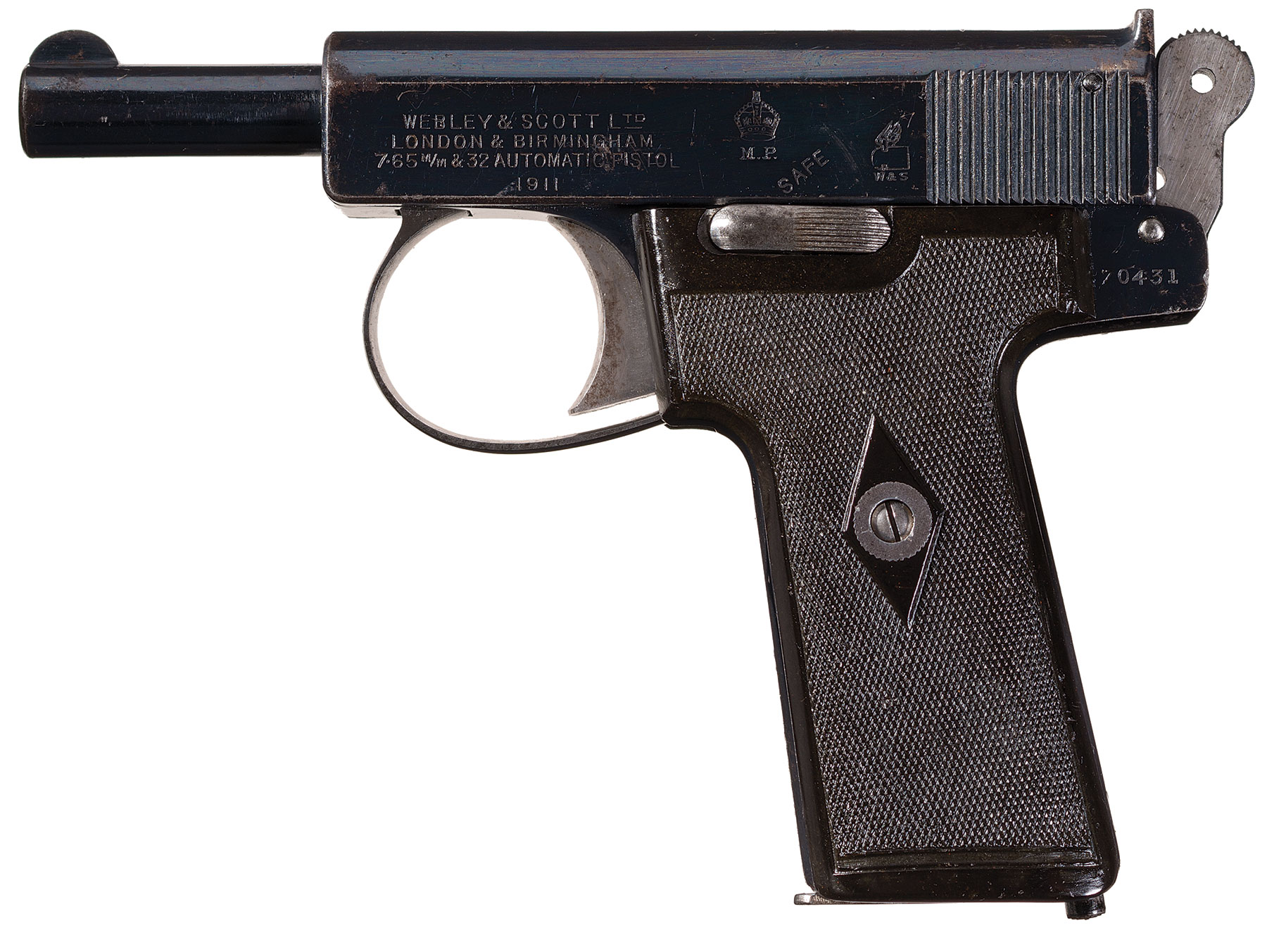 Metropolitan Police Webley & Scott Model 1908 Pistol | Rock Island Auction Metropolitan Police Webley & Scott Model 1908 Pistol | Rock Island Auction