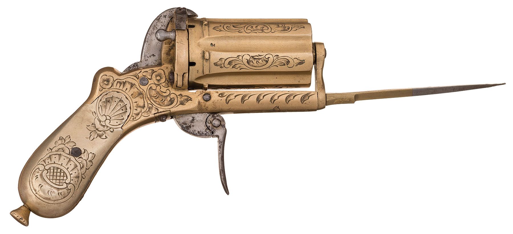 Engraved Brass Frame Double Action Pinfire Revolver with Bayonet | Rock ...