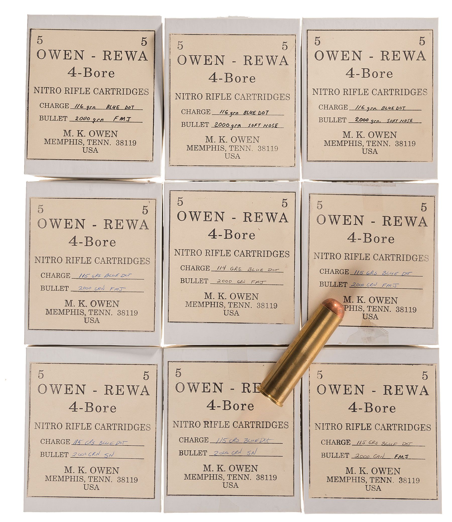 Nine Boxes of M.K. Owen 4 Bore Nitro Rifle Cartridges | Rock Island Auction