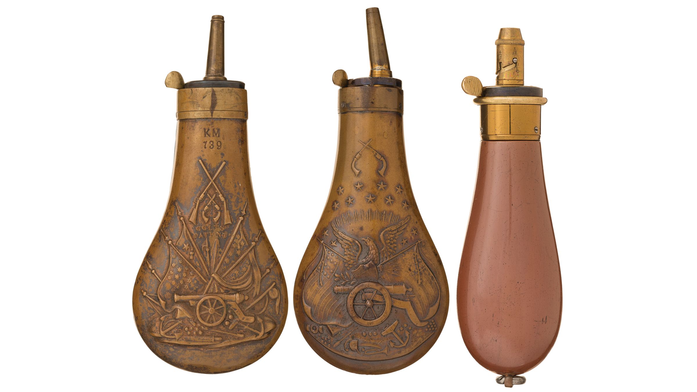 Three Antique Powder Flasks for Colt Revolvers | Rock Island Auction