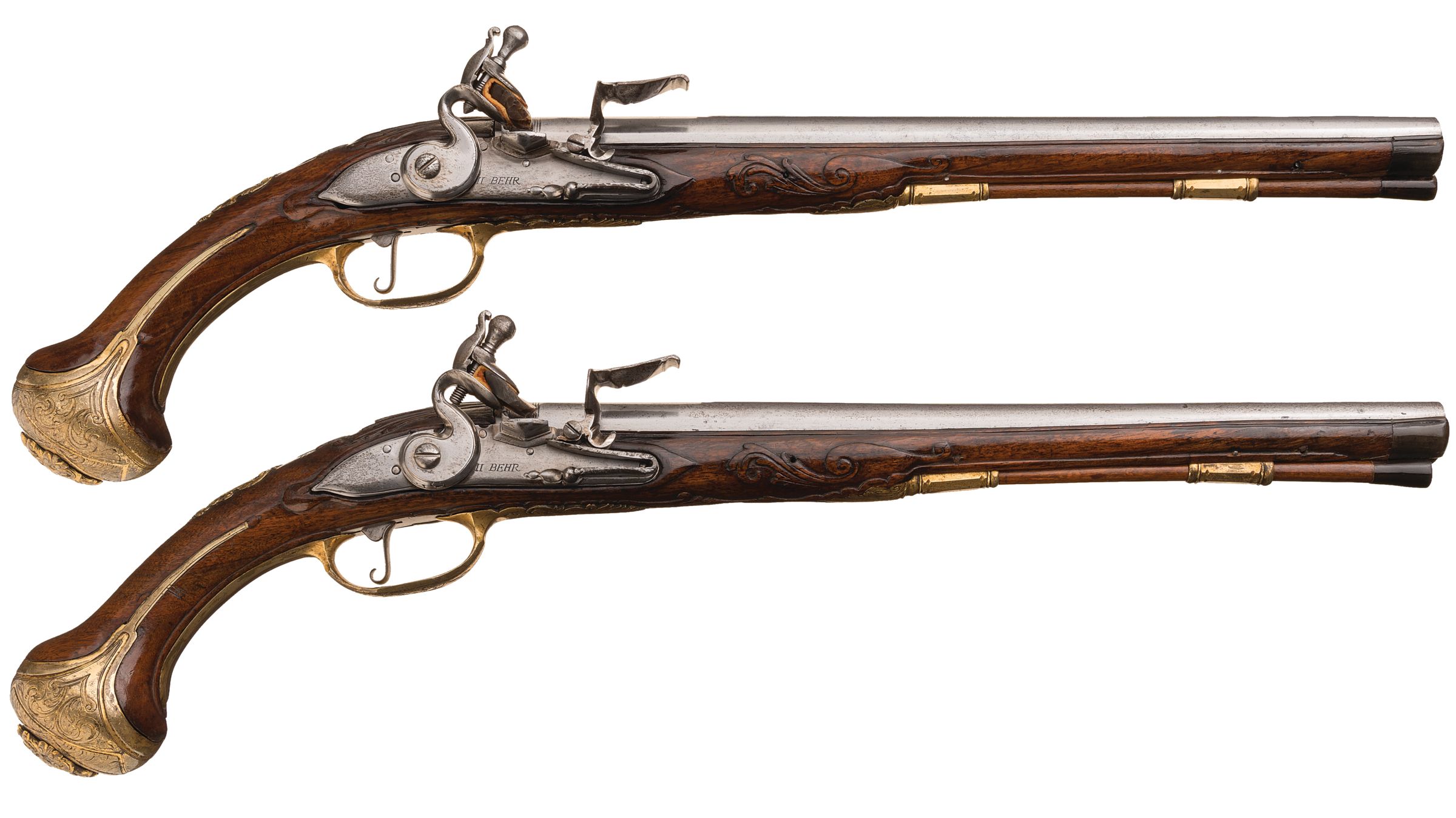 Engraved and Gilded Pair of J.J. Behr Flintlock Horse Pistols | Rock ...