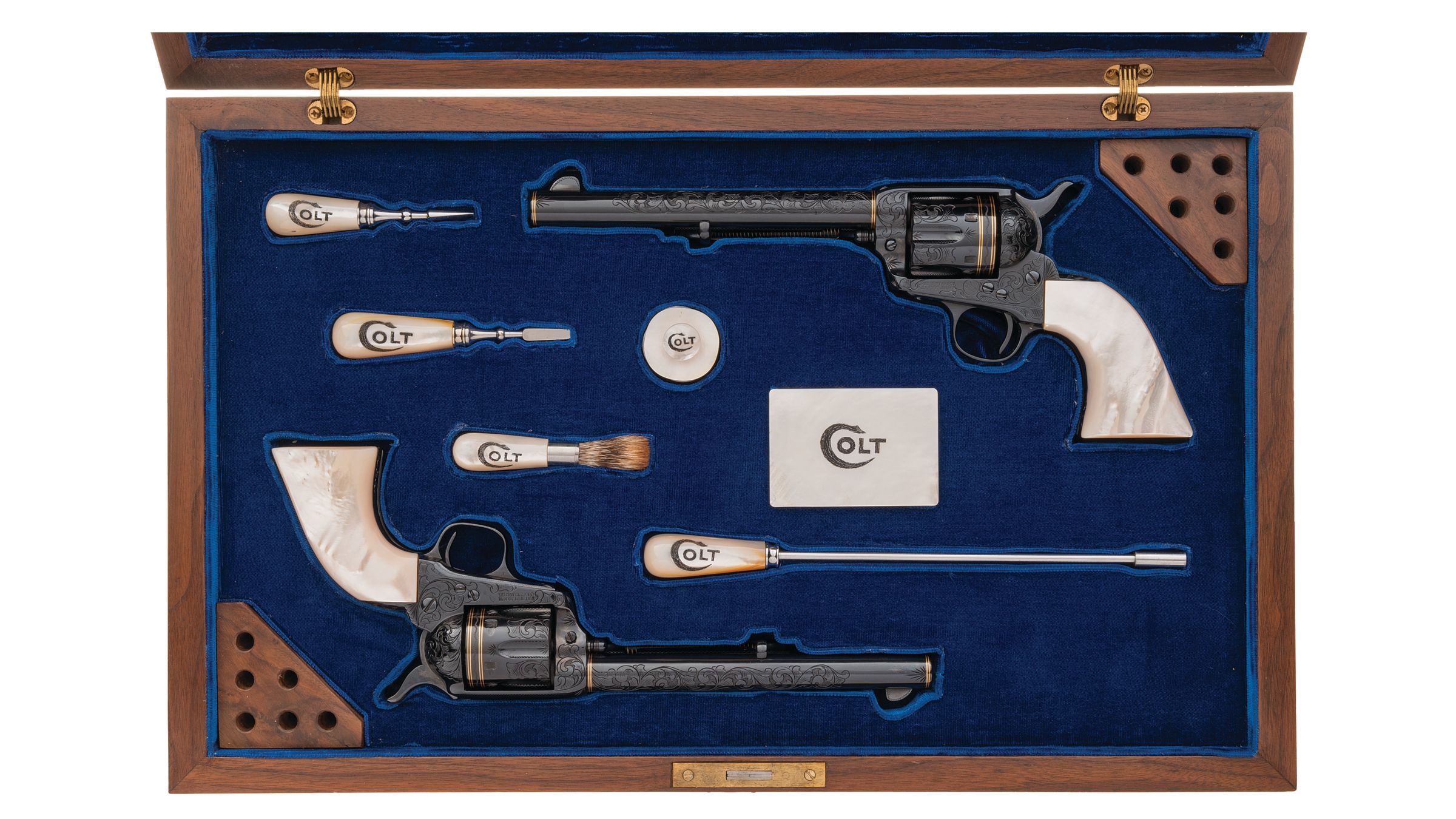 Cased Pair of Engraved & Gold Inlaid Colt SAA Revolvers w-Tools | Rock ...