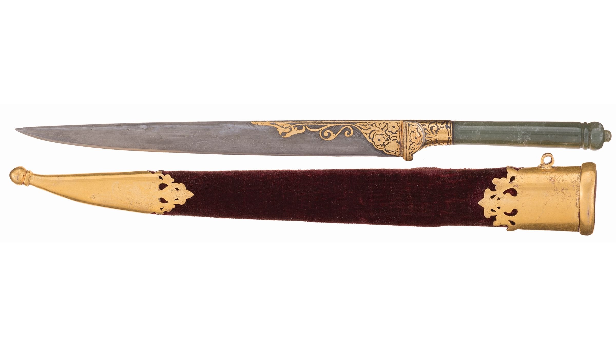 Koftgari Decorated Damascus Dagger with Jade Hilt & Gilt Sheath | Rock ...
