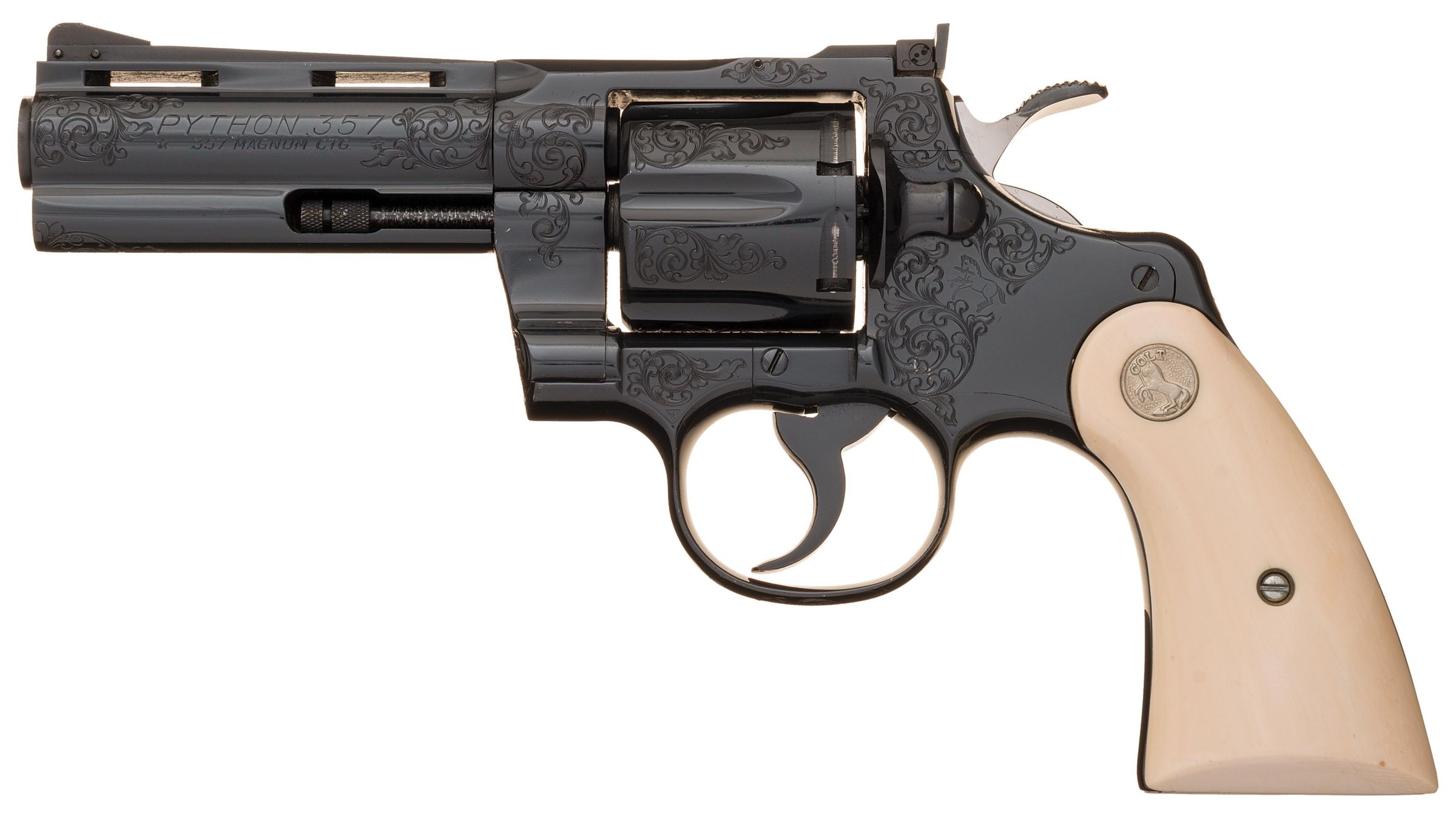 Engraved Colt Python Double Action Revolver With Stag Grips