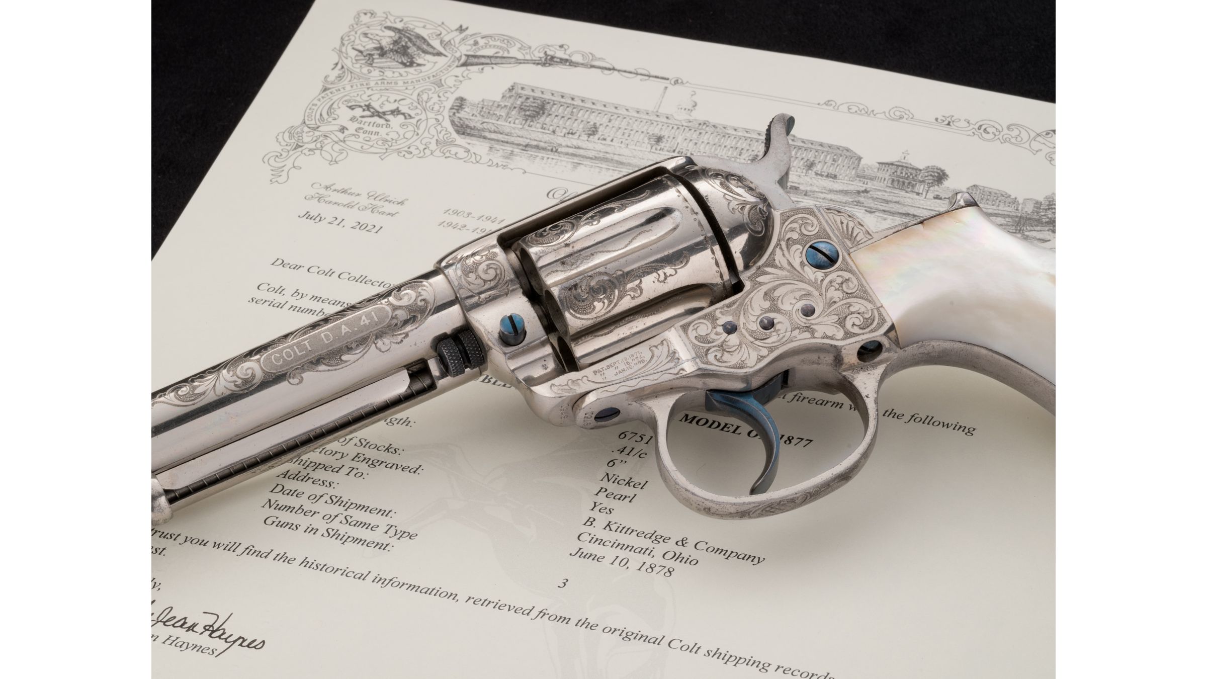 Engraved Colt Model 1877 Thunderer Revolver with Pearl Grips | Rock ...