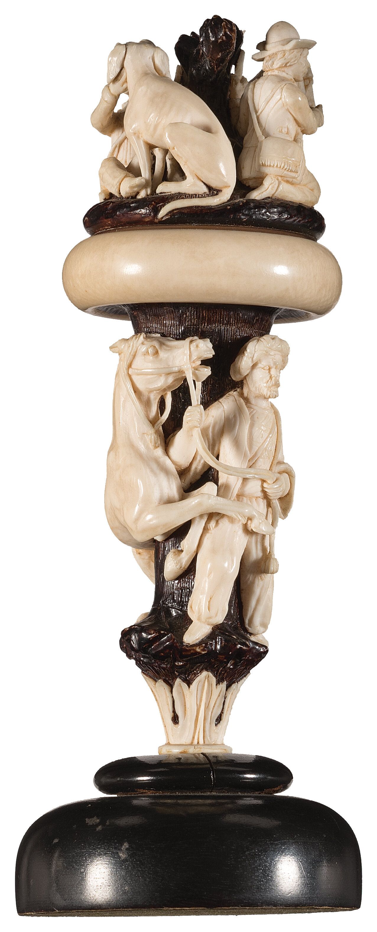 Masterfully Relief Carved Antique Ivory Hunting Scene Pedestal | Rock ...