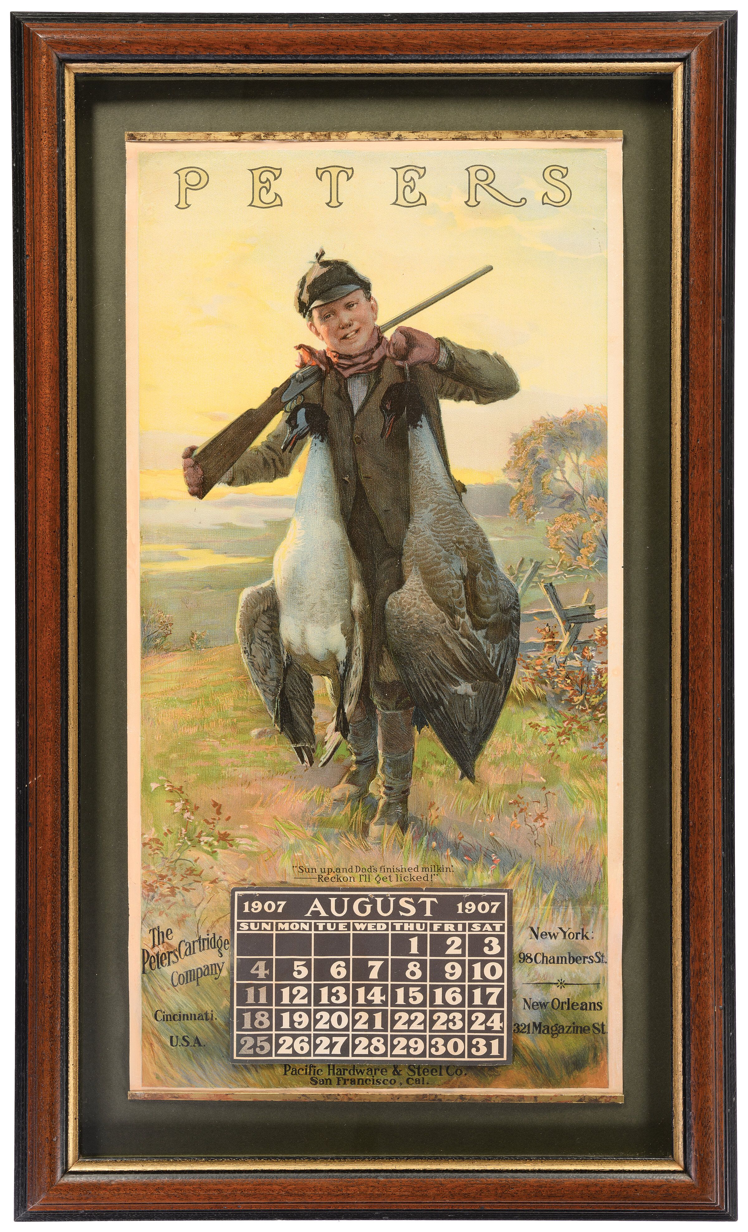 Framed August 1907 Peters Ammunition Calendar | Rock Island Auction