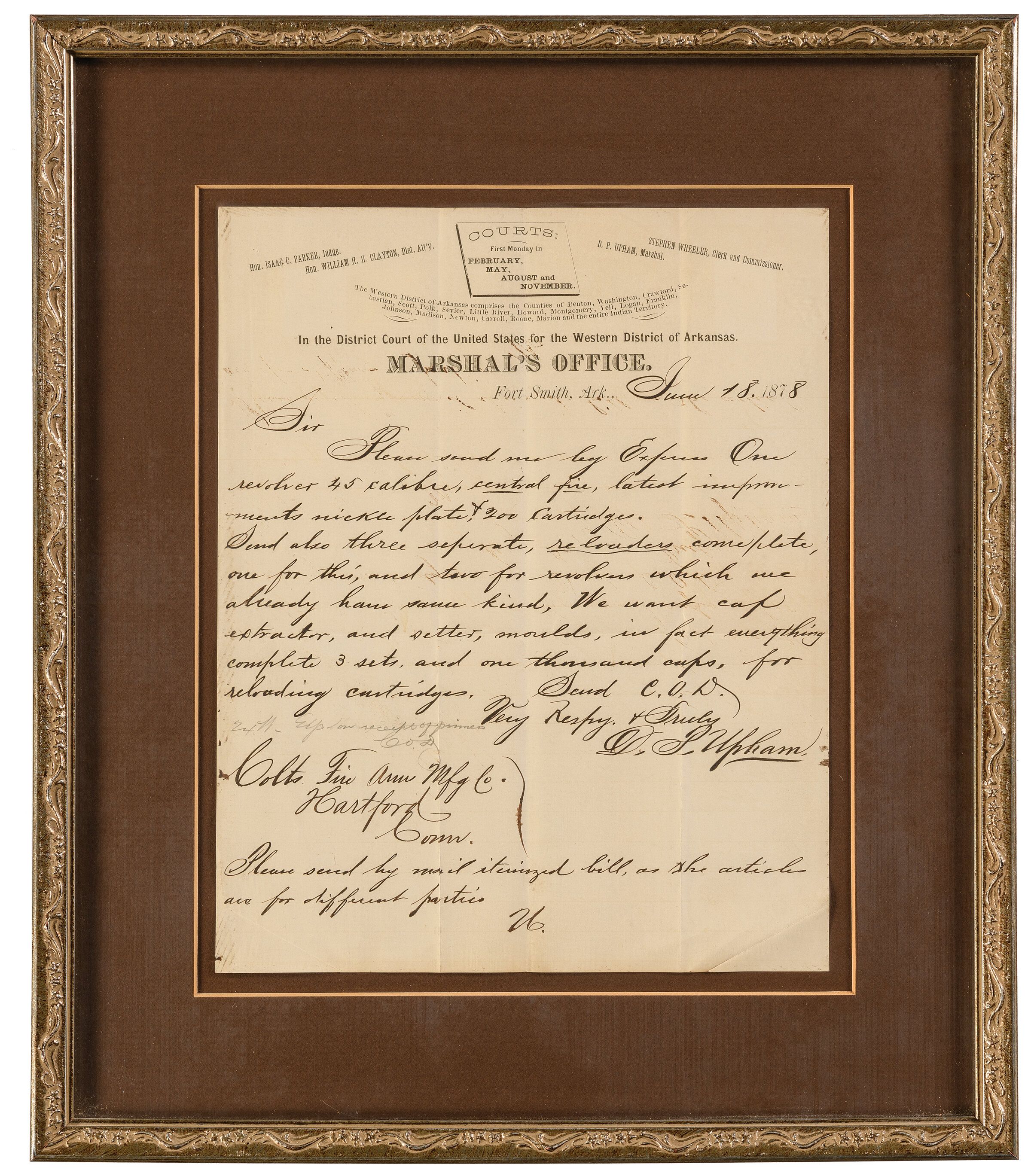 U.S. Marshal D.P. Upham's 1878 Dated Letter to Colt | Rock Island Auction