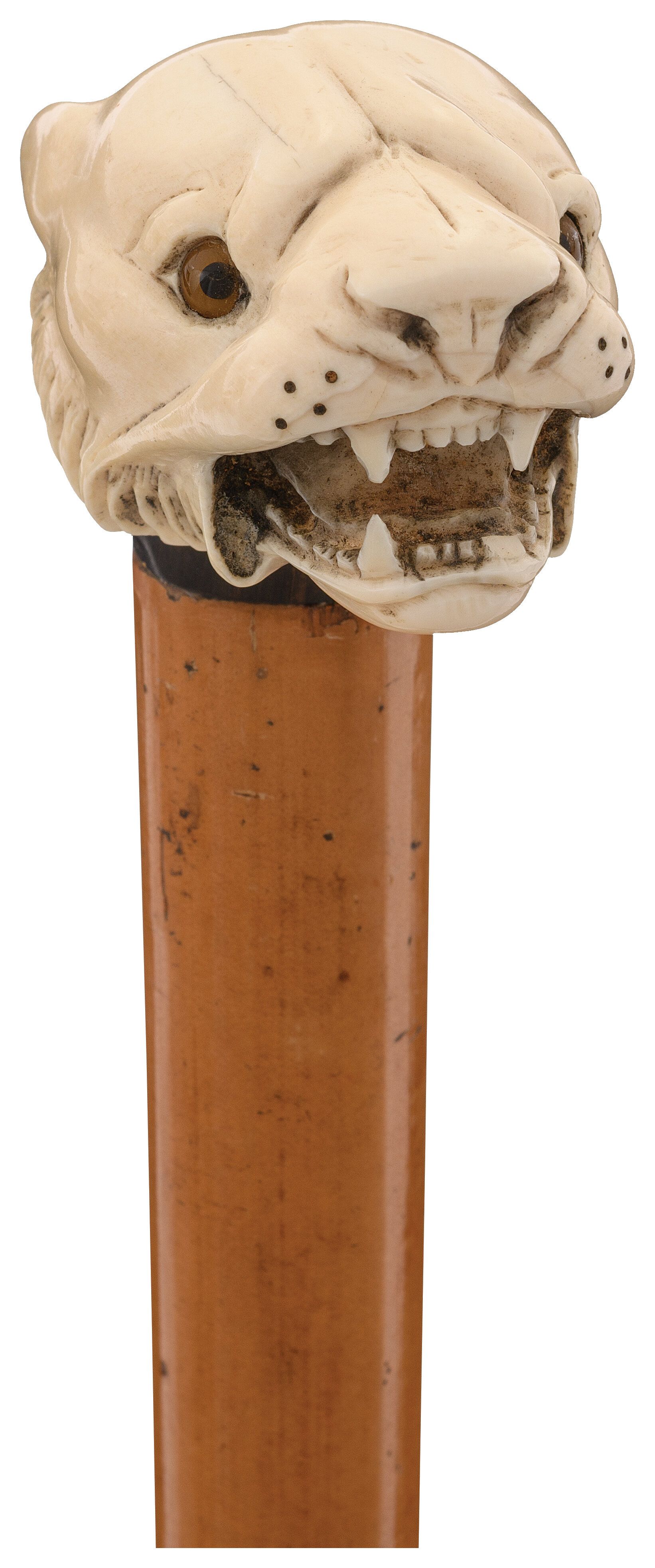 Ornate Relief Carved Antique Ivory Snarling Cougar Head Cane | Rock ...