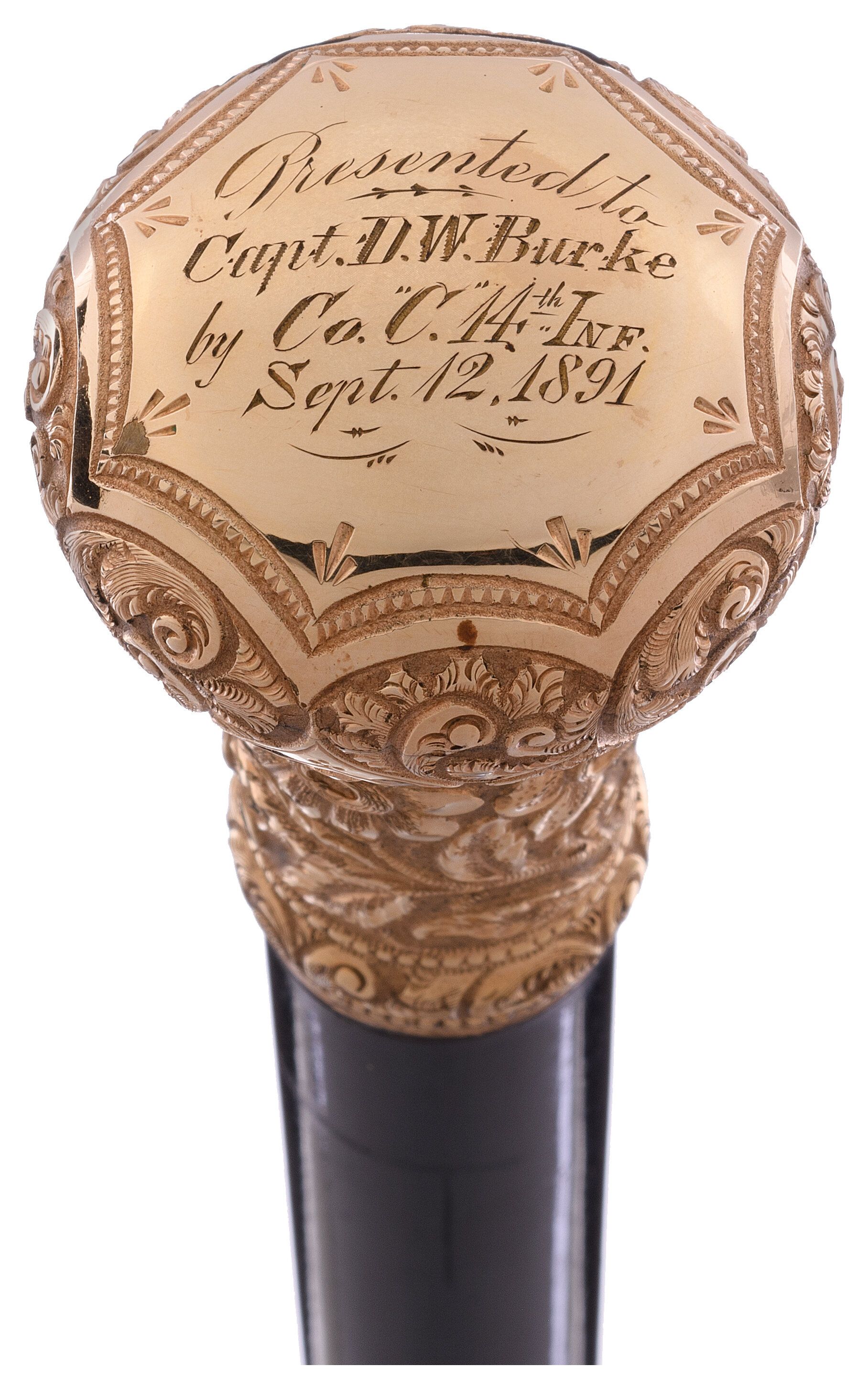 Cane with Gilt Grip Inscribed to Captain D.W. Burke | Rock Island Auction