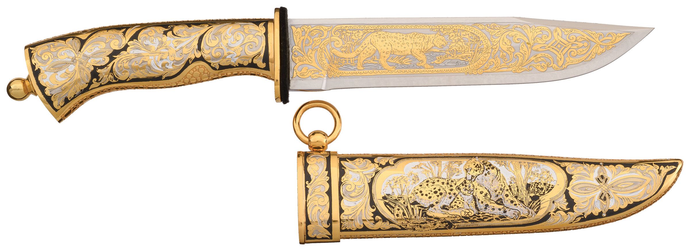 Gold and Stone Inlaid Zlatoust "Jaguar" Knife with Sheath | Rock Island ...