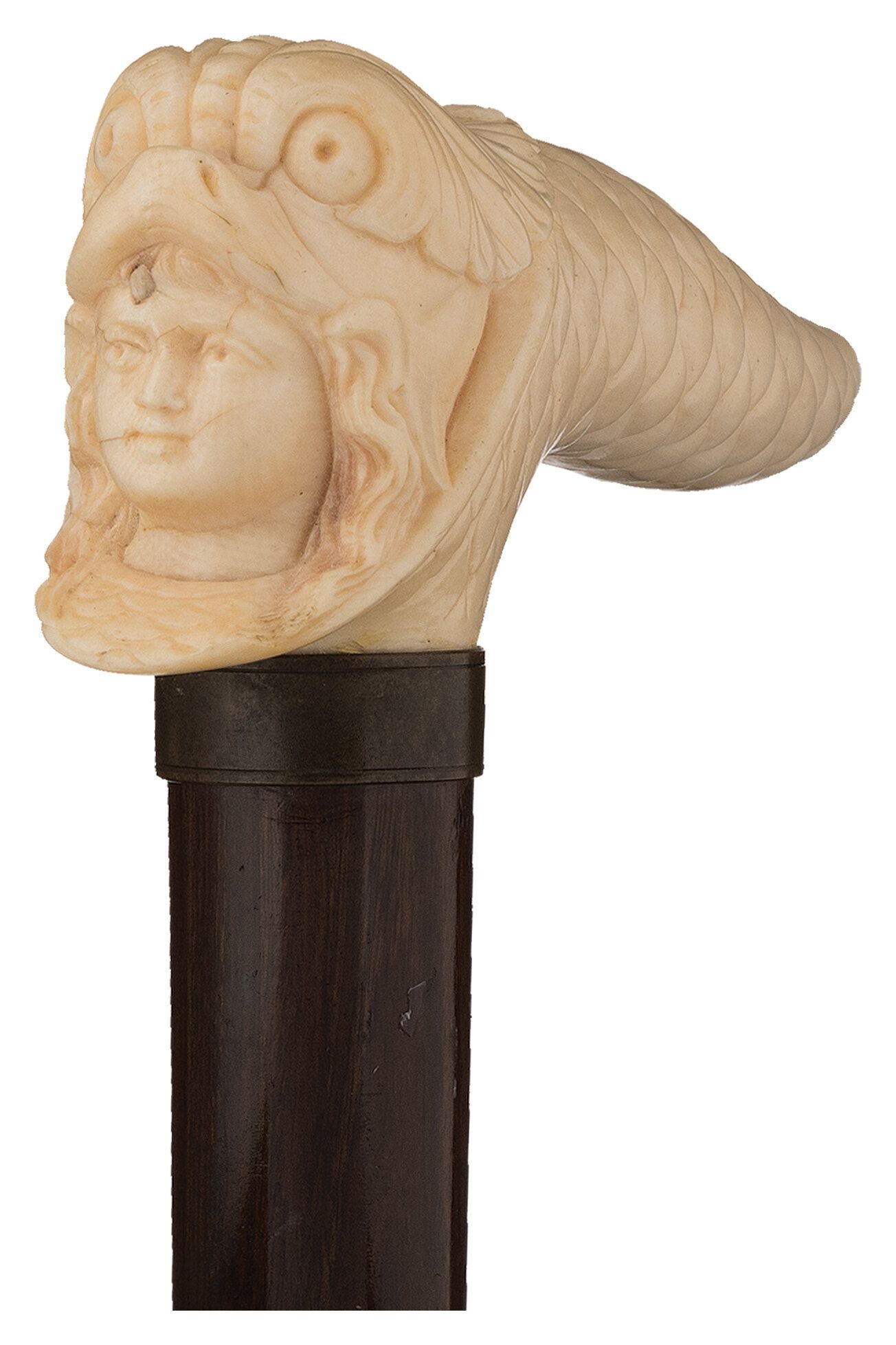 Relief Carved Mythological Goddess/Dolphin Head Cane | Rock Island Auction