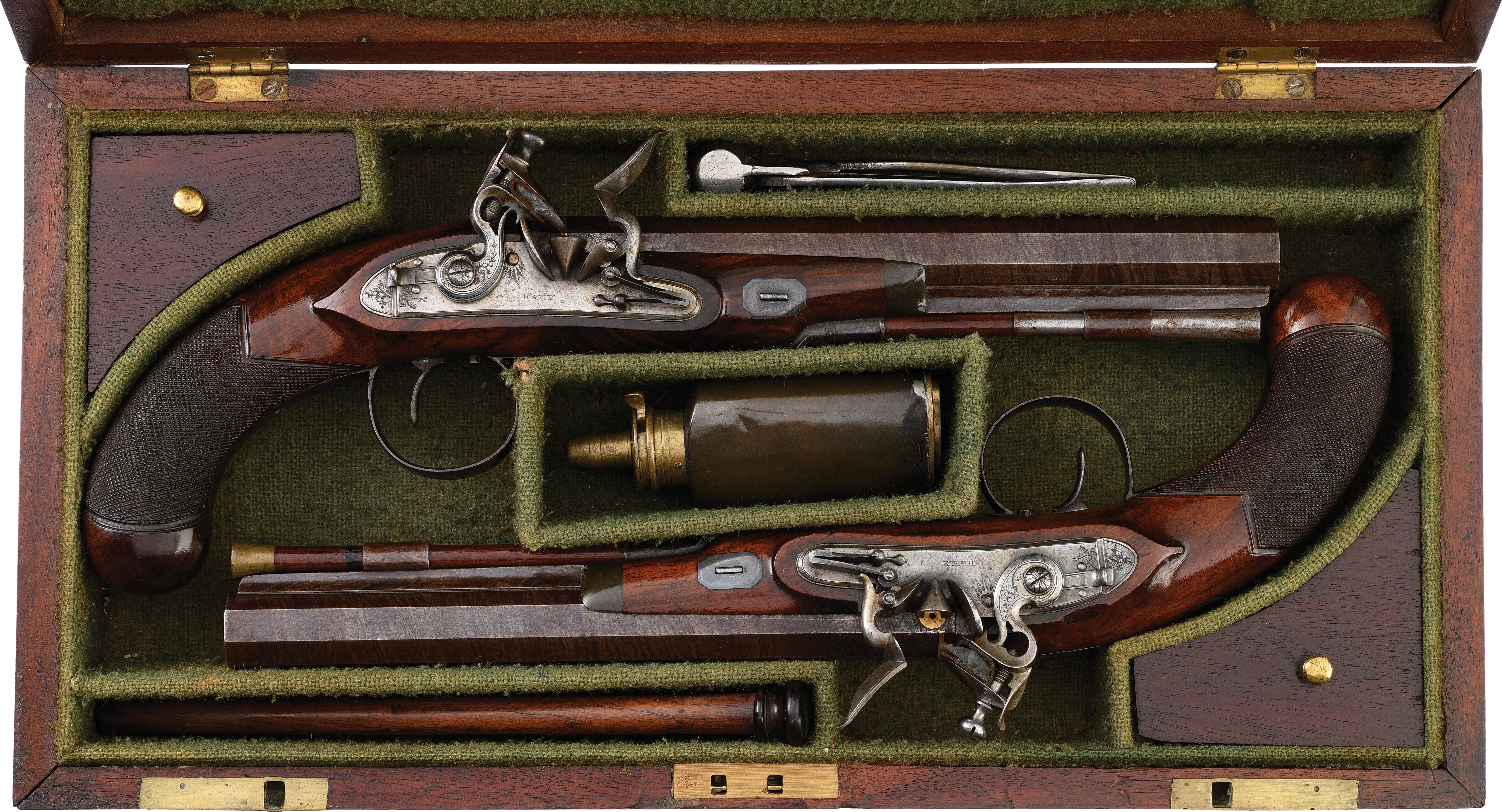 Cased Pair of Davy Half-Stock Flintlock Dueling Pistols | Rock Island ...