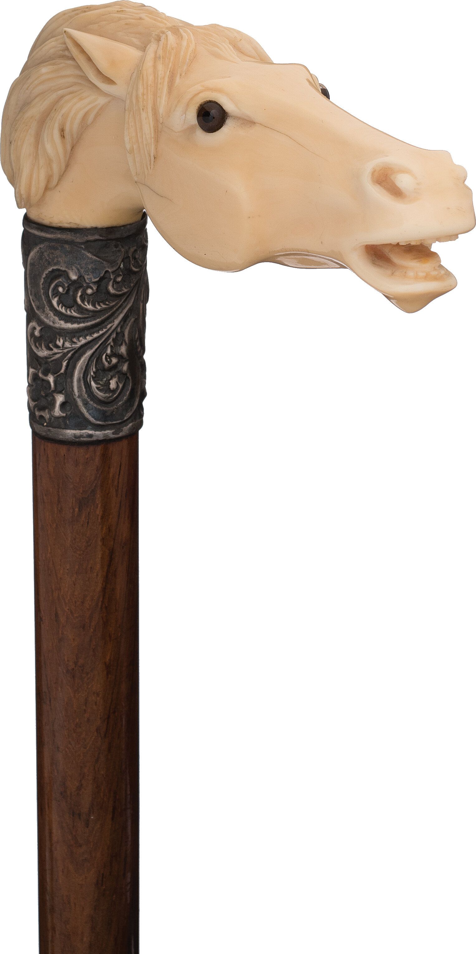 Relief Carved Horse Head Cane with Engraved Silver Band | Rock Island ...
